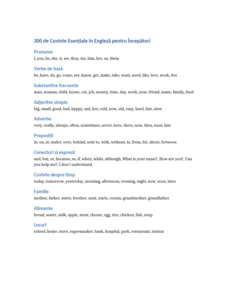 300 Cuvinte Engleza Incepatori | PDF