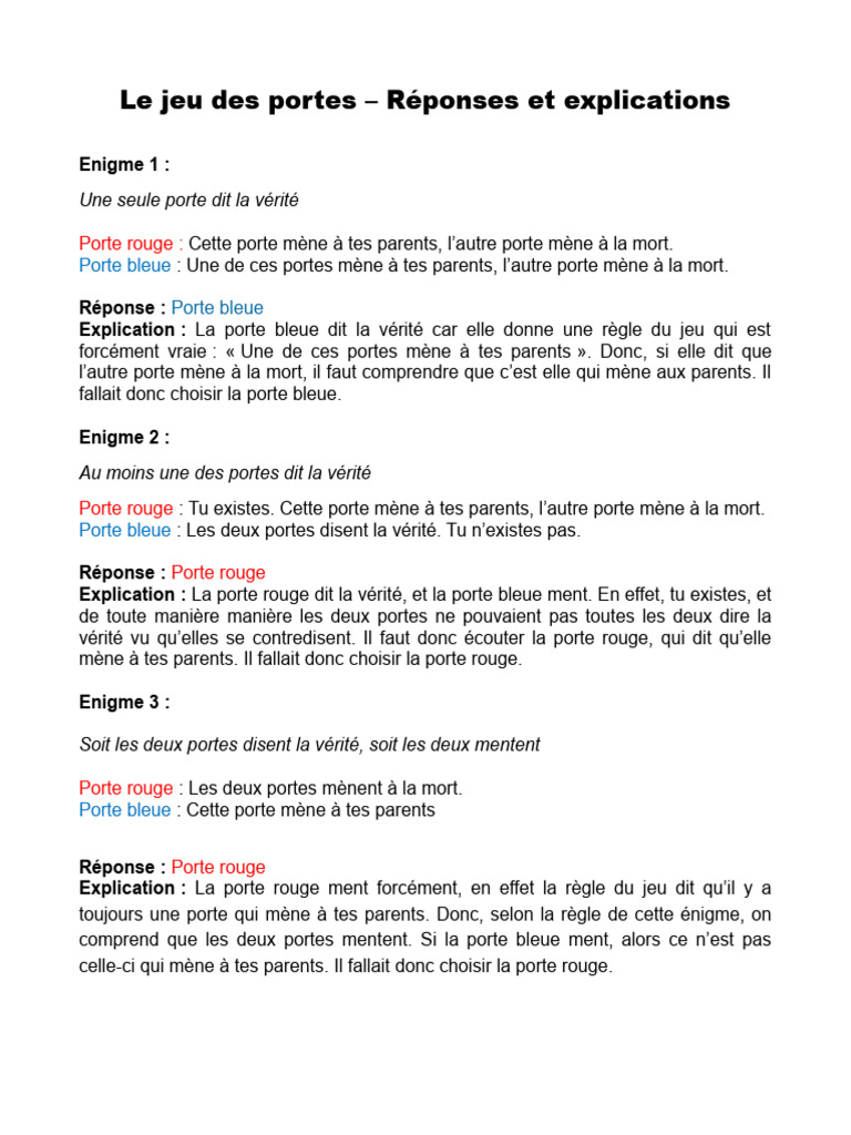 Enigmes des portes : réponses et analyses | PDF