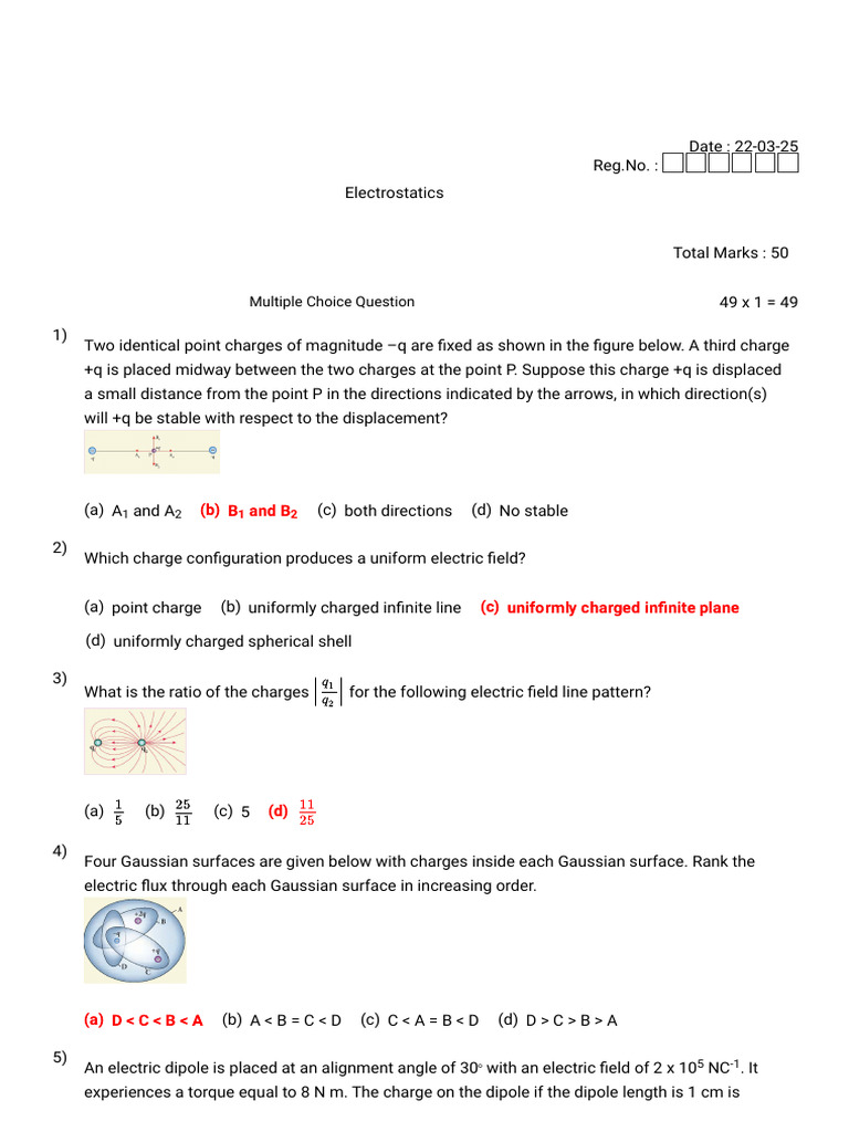 Class 12 Physics Unit 1 Electrostatics MCQs Book Inside | PDF | Electric Field | Dipole