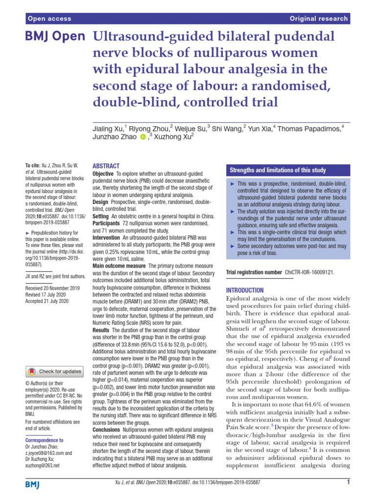 2020 Ultrasound-Guided Bilateral Pudendal Nerve Blocks of Nulliparous Women With Epidural Labour ...