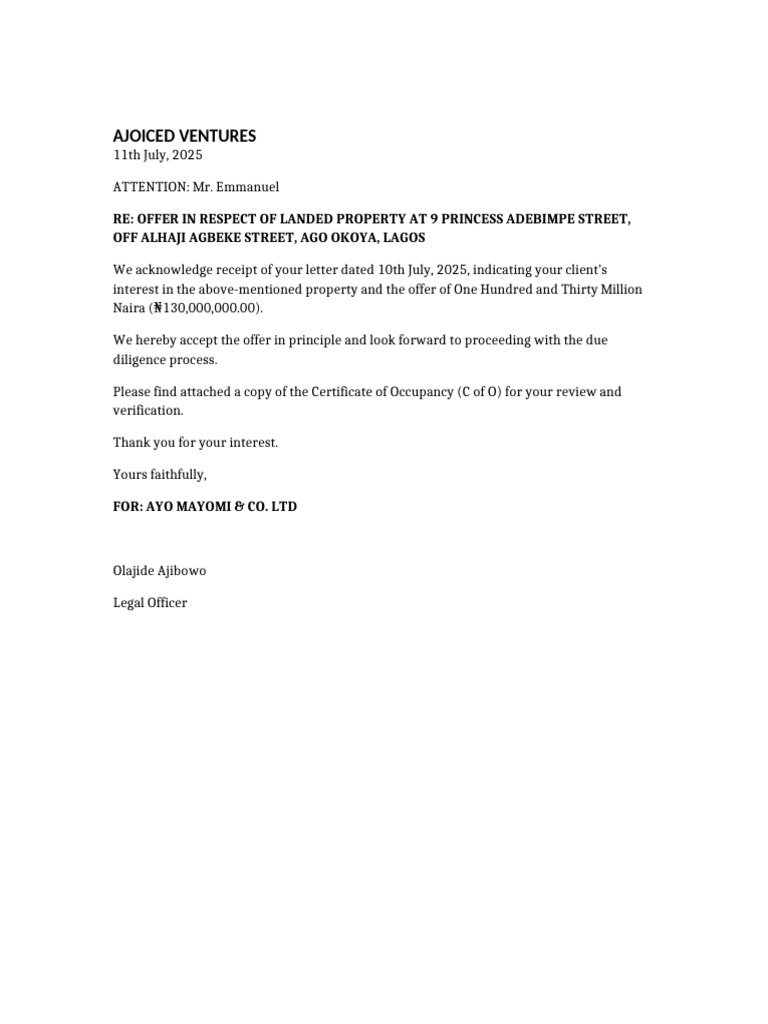 Land Offer Acceptance Letter | PDF