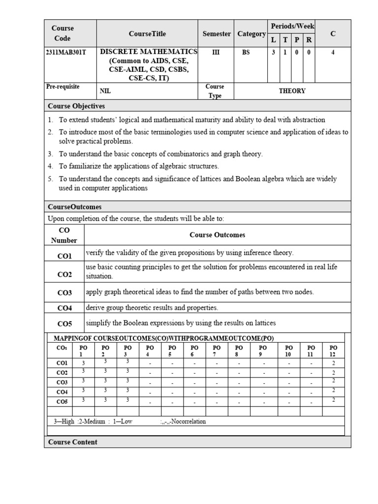2311MAB301T-DISCRETE MATHEMATICS-syllabus | PDF | Discrete Mathematics | Combinatorics