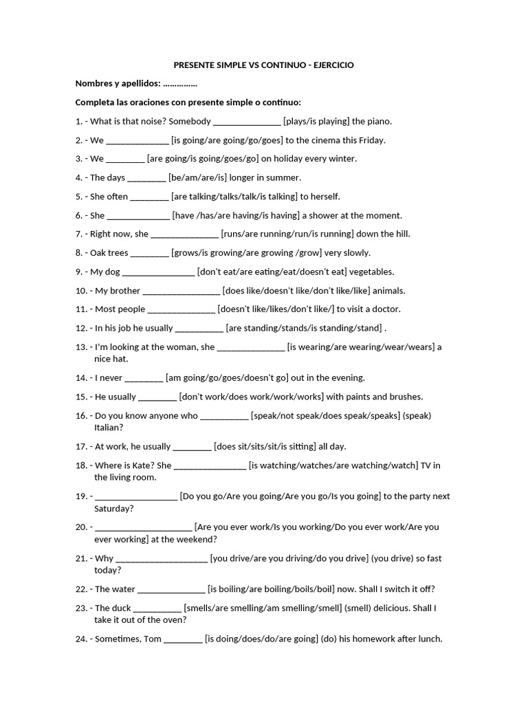 Presente Simple Vs Continuo Ejercicios | PDF