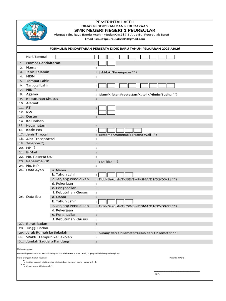 Formulir PPDB Versi Dapodikdas SMK | PDF