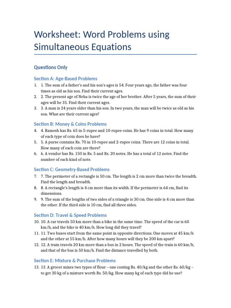 Simultaneous Equations Questions Only | PDF | Length