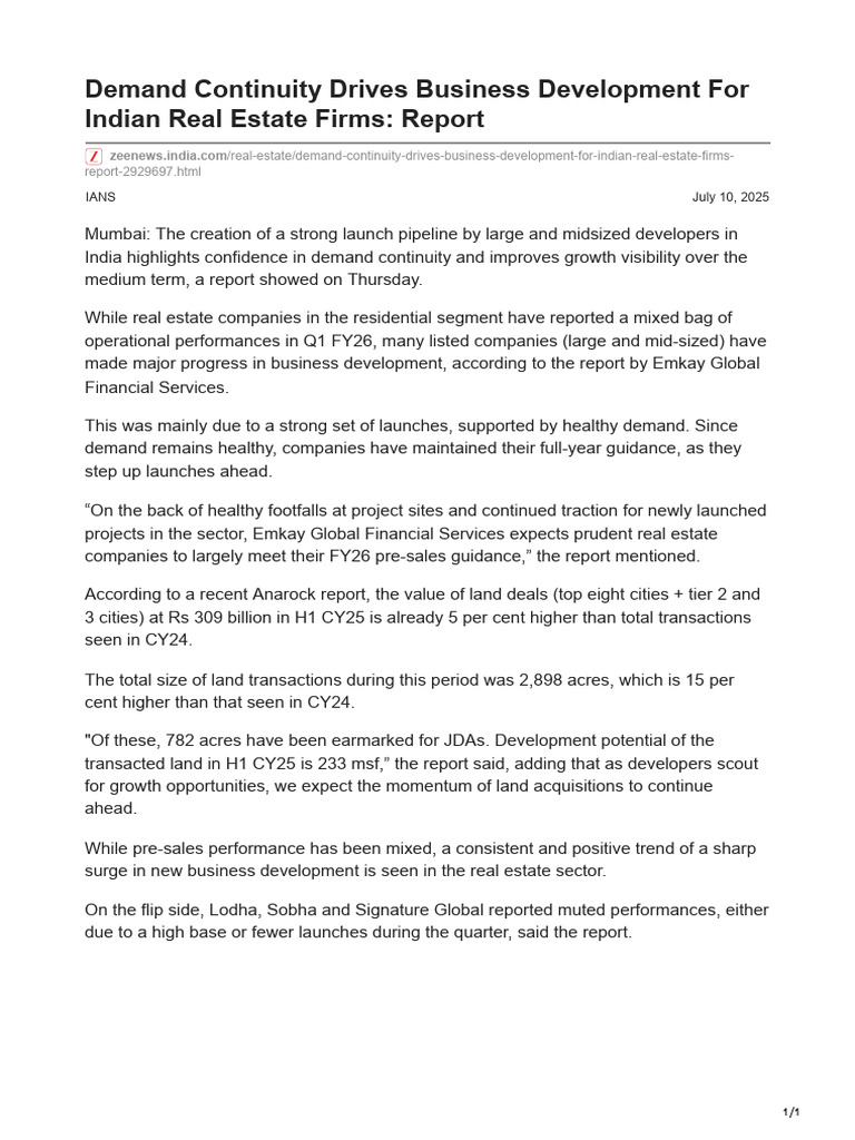 Demand Continuity Drives Business Development ForIndian Real Estate ...