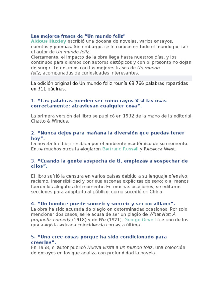 Las Mejores Frases de Un Mundo Feliz | PDF