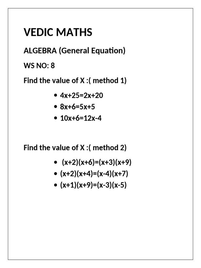 Vedic Maths Algebra Equations Worksheet | PDF
