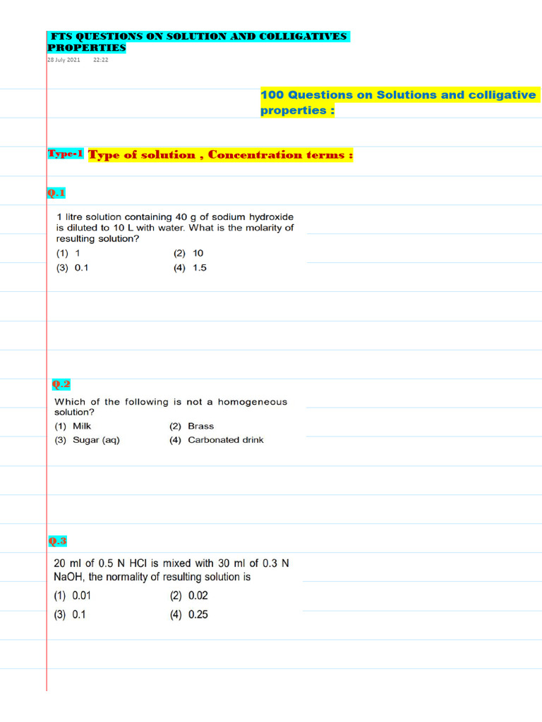 Chapter-1-100+ Questions On Solution and Colligatives Properties | PDF ...