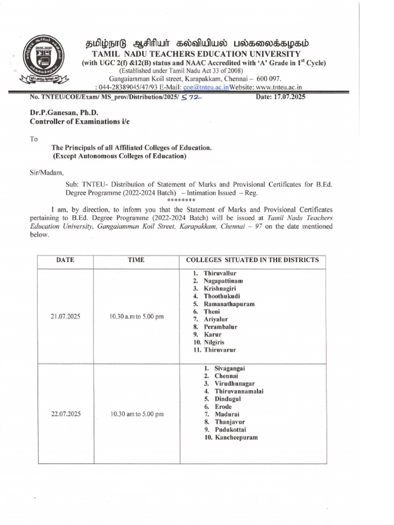 TNTEU MS PROV 2024 Distribution PDF | PDF