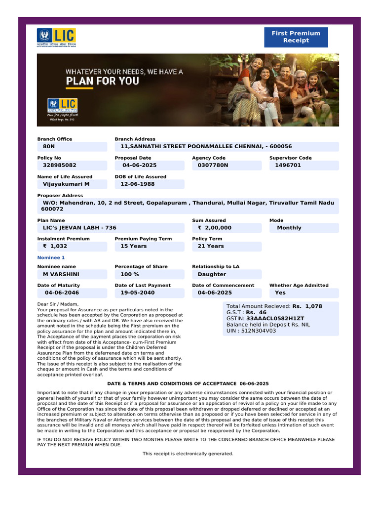 Lic First Premium Receipt | PDF | Money | Financial Services