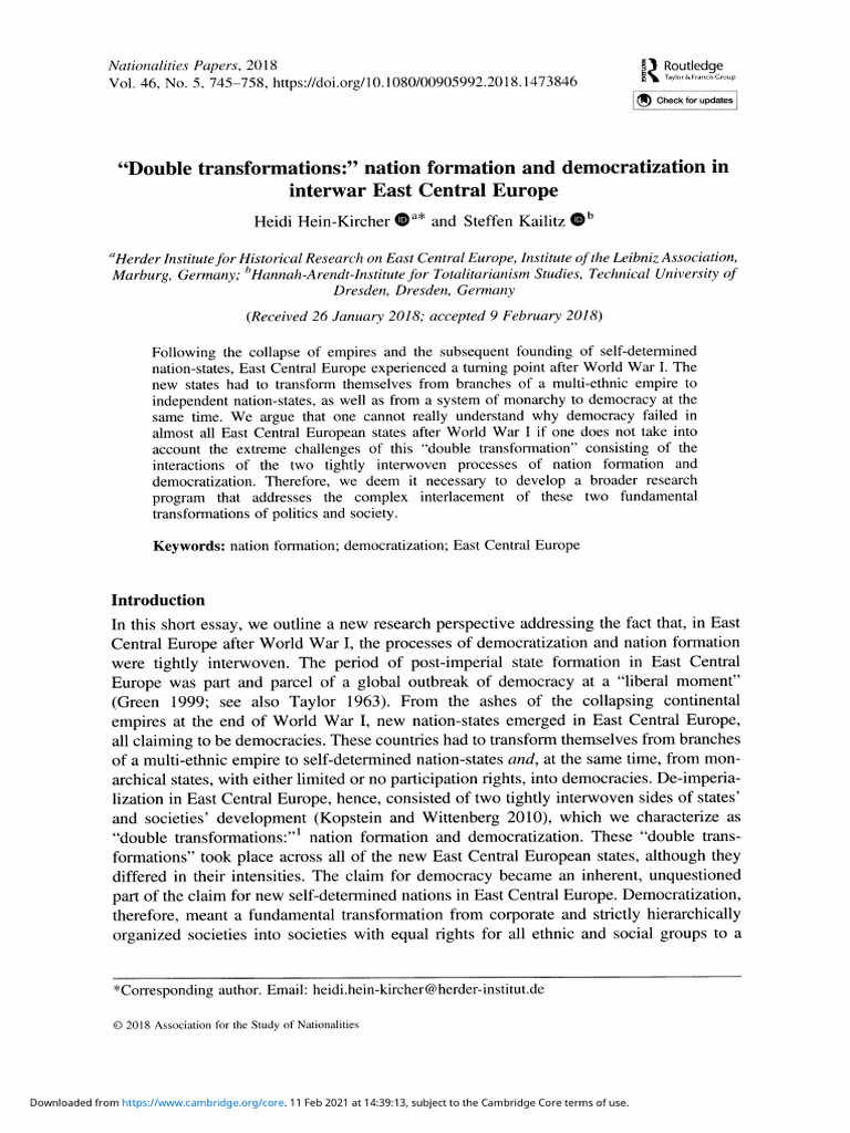 Hein Kirchel Kaillitz Double Transformations Nation Formation and Democratization in Interwar ...