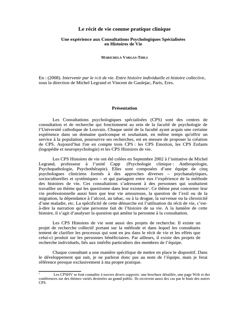 Récit de vie en psychologie clinique | PDF | Psychothérapie | Psychologie