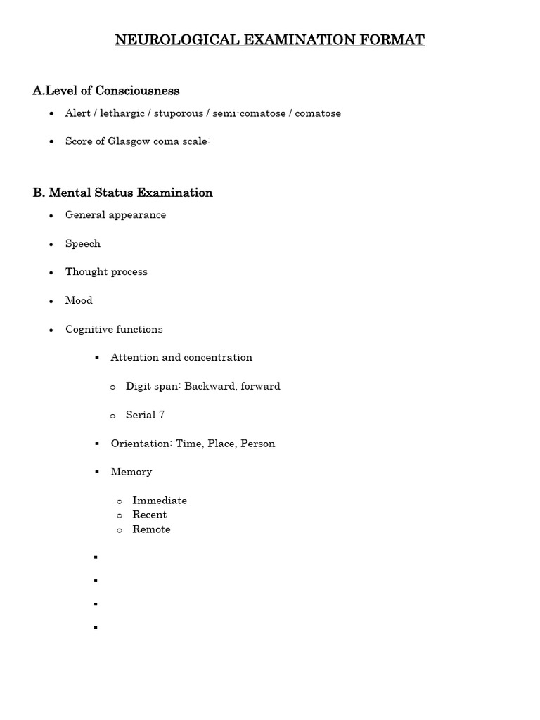 Neurological Examination Format Guide | PDF | Senses | Human Anatomy