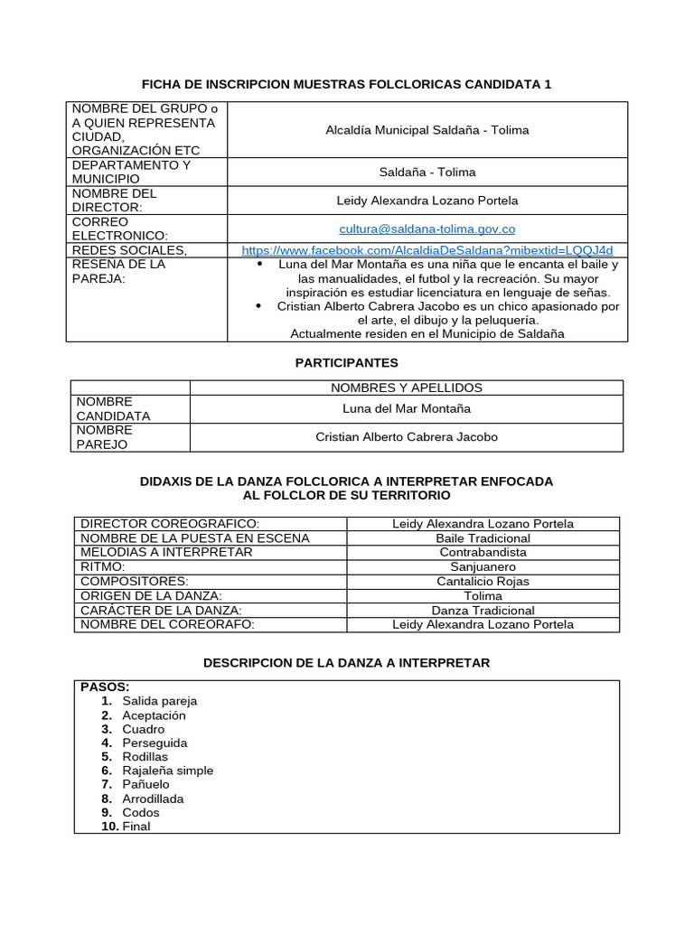 Ficha de Muestra Folclorica A Interpretar Por Candidatas | PDF | Bailes | Entretenimiento