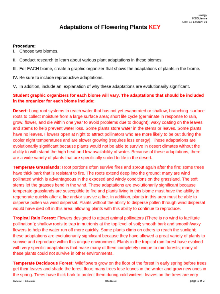 12 Sbio1201e Adaptations of Flowering Plants Key | PDF | Plants | Trees