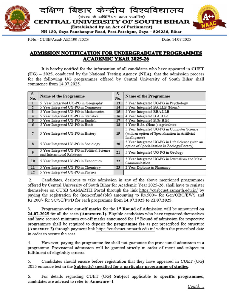 Admission Notification of UG Programme | PDF