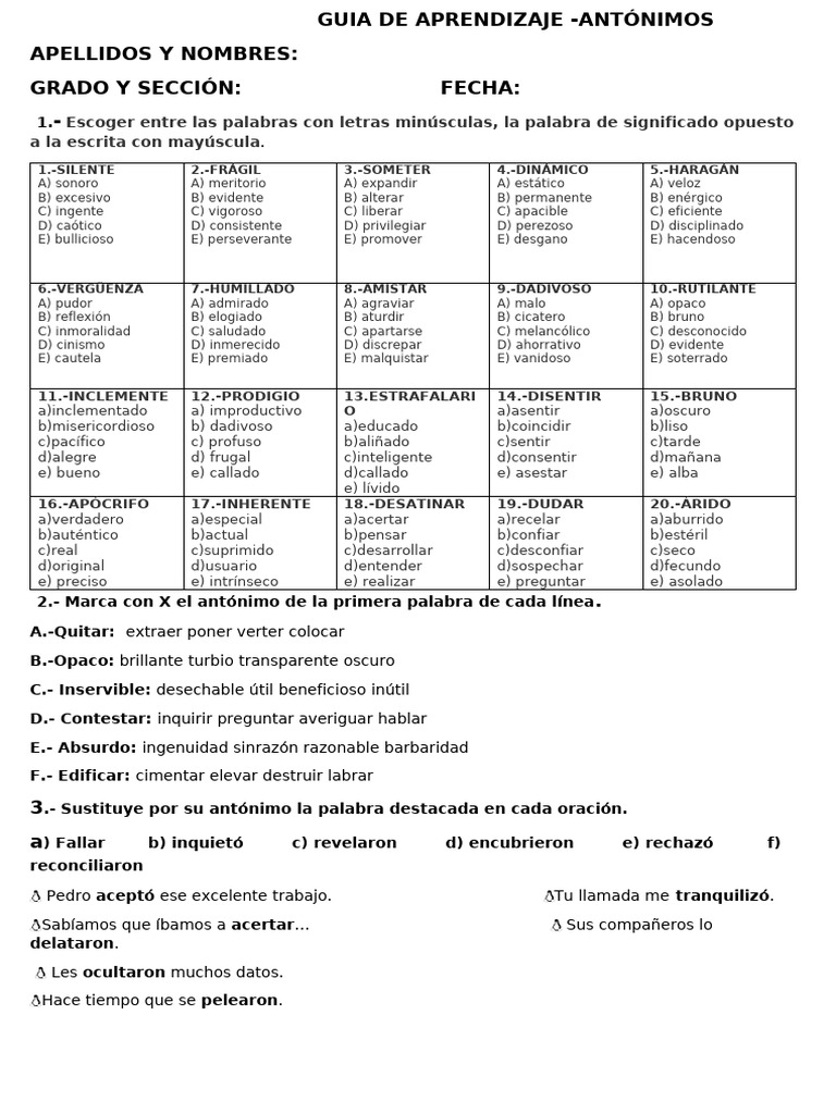 Guia de Aprendizaje Antonimos | PDF