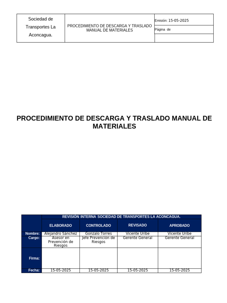 Procedimiento de Descarga y Traslado Manual de Materiales - Rev01 | PDF | Seguridad y salud ...