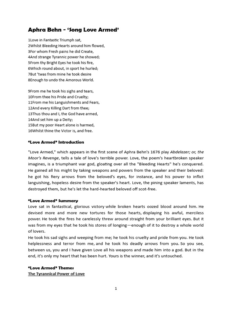 Analysis of Aphra Behn's "Love Armed" | PDF | Metre (Poetry) | Poetry