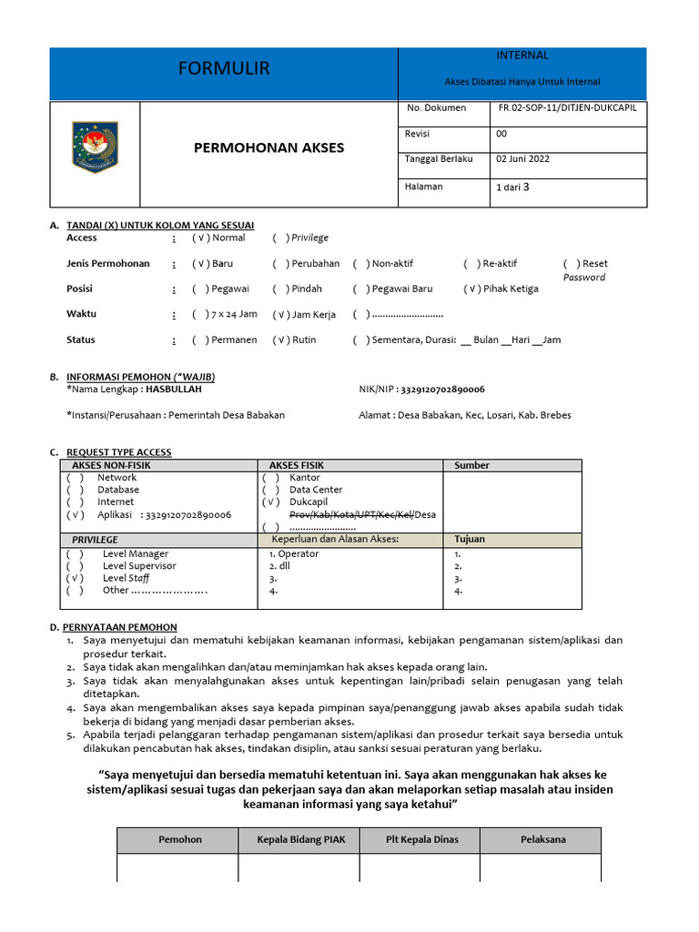 Permohonan Akses Internal DITJEN DUKCAPIL | PDF