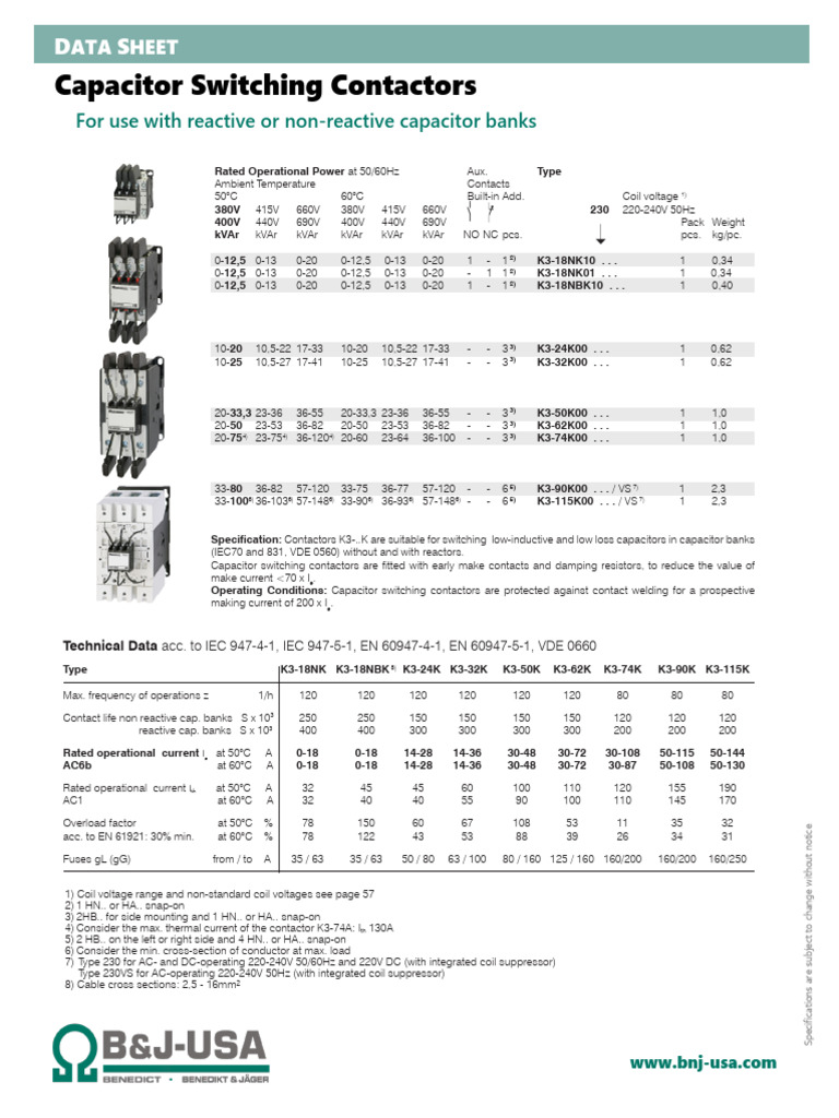 Capacitor Switching Contactors Data Sheet | PDF | Capacitor | Equipment