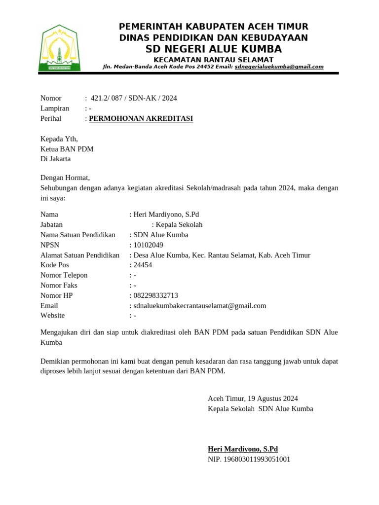 Surat Pengajuan Akreditasi Sdn1 Alue Kumba | PDF