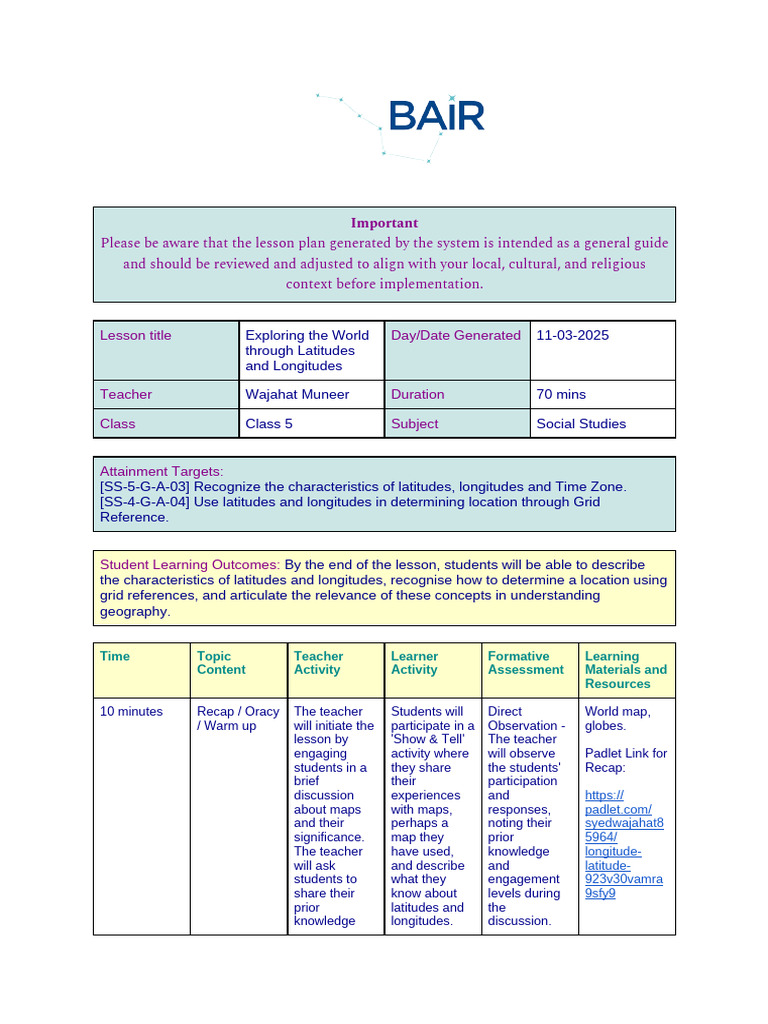 BAIR Lesson Plan - Social Studies - Masharti Uloom - Class 5 - 11-03 ...