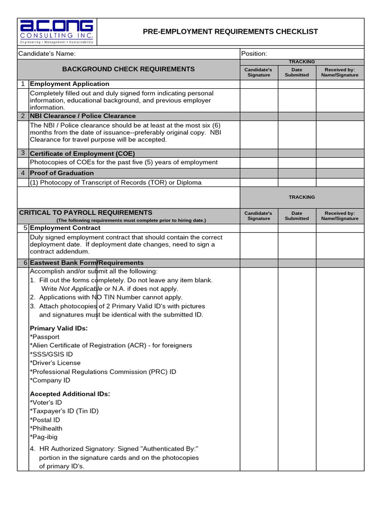 ACO-HF-04 Pre-Employment Requirements Checklist Rev 02 | PDF | Identity ...