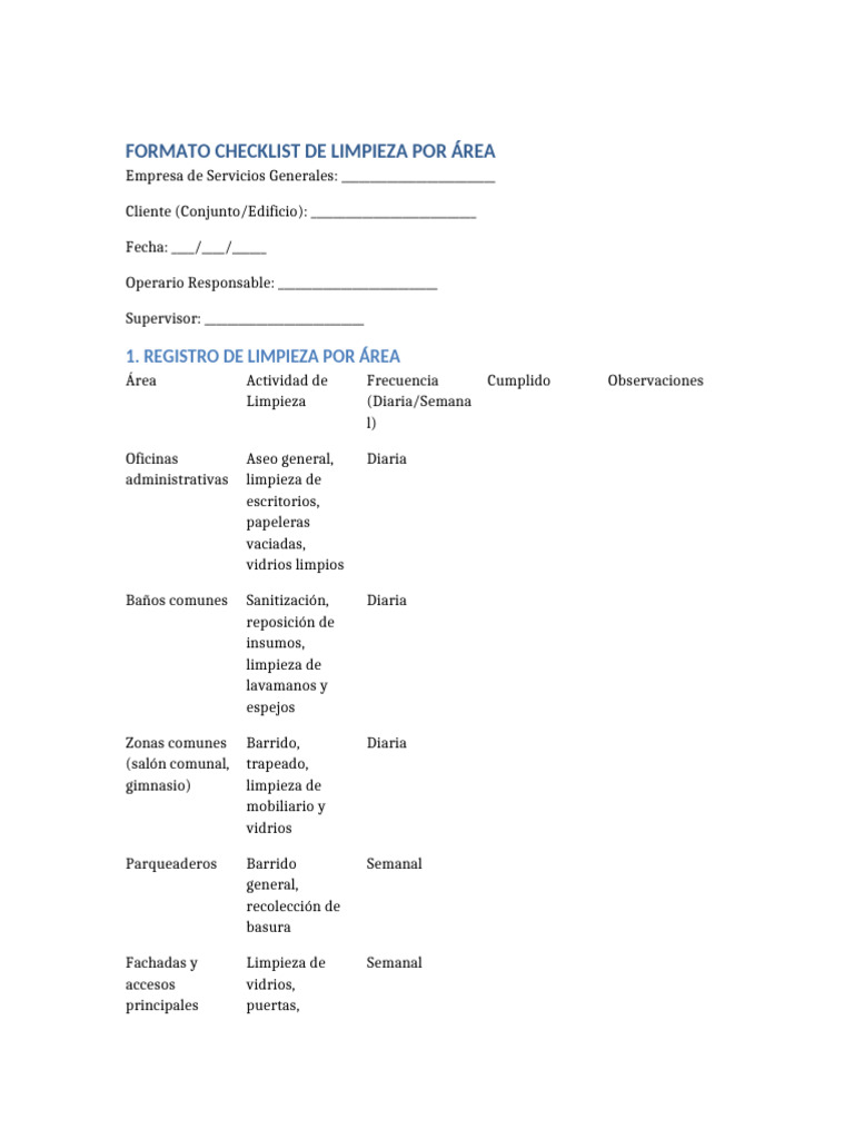Checklist Limpieza Por Area | PDF