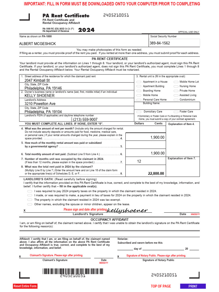PA Rent Certificate and Affidavit 2024 | PDF | Landlord | Affidavit