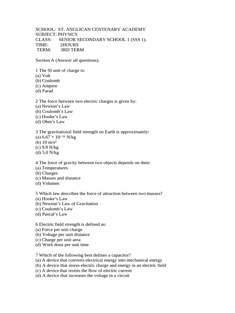 THIRD Term Examination, SS1 PHYSICS | PDF | Force | Electric Field