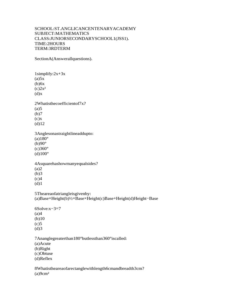 Third Term Examination. Jss 1 | PDF
