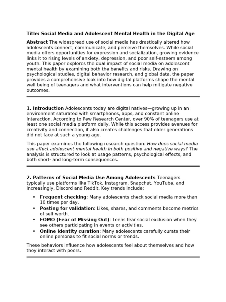 Mental Health Digital Age | PDF | Adolescence | Social Media