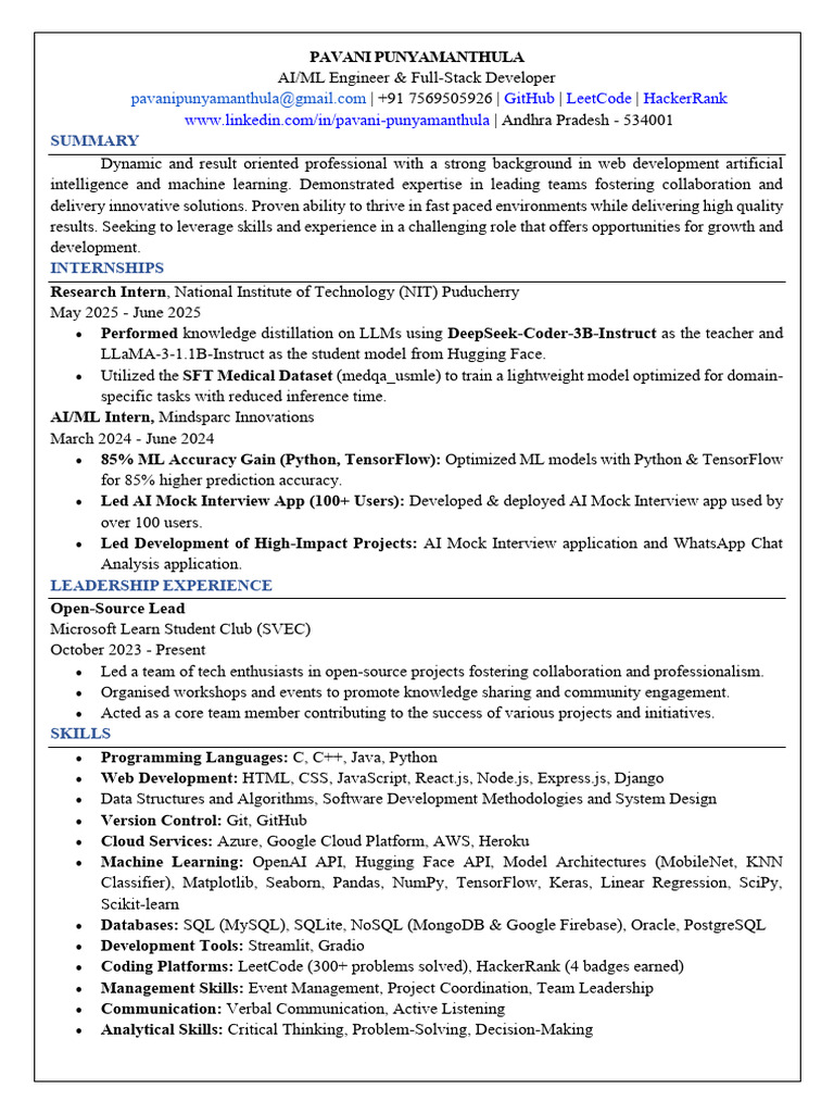 Resume Pavani Puniyamanthuala | PDF | Artificial Intelligence | Intelligence (AI) & Semantics