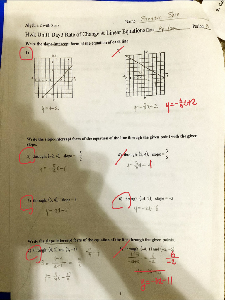 HWK Unit 1 Day 3 Rate of Change & Linear Equations | PDF