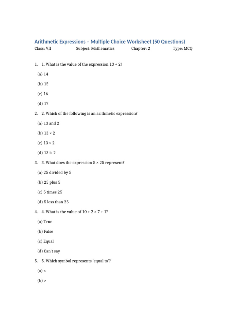 Arithmetic Expressions Class7 MCQ Worksheet Set 01 | PDF