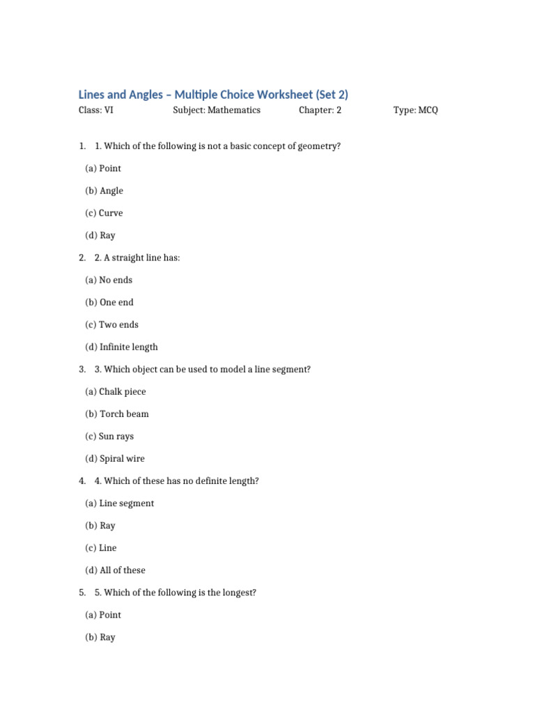 Class 6 Lines and Angles MCQ Worksheet | PDF | Triangle | Angle