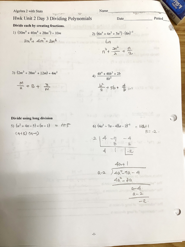 HWK Unit 2 Day 3 Dividing Polynomials | PDF