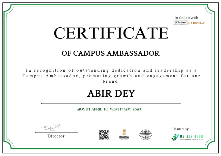 Abir Dey - Certificate of Campus Ambassador - My Job Grow | PDF