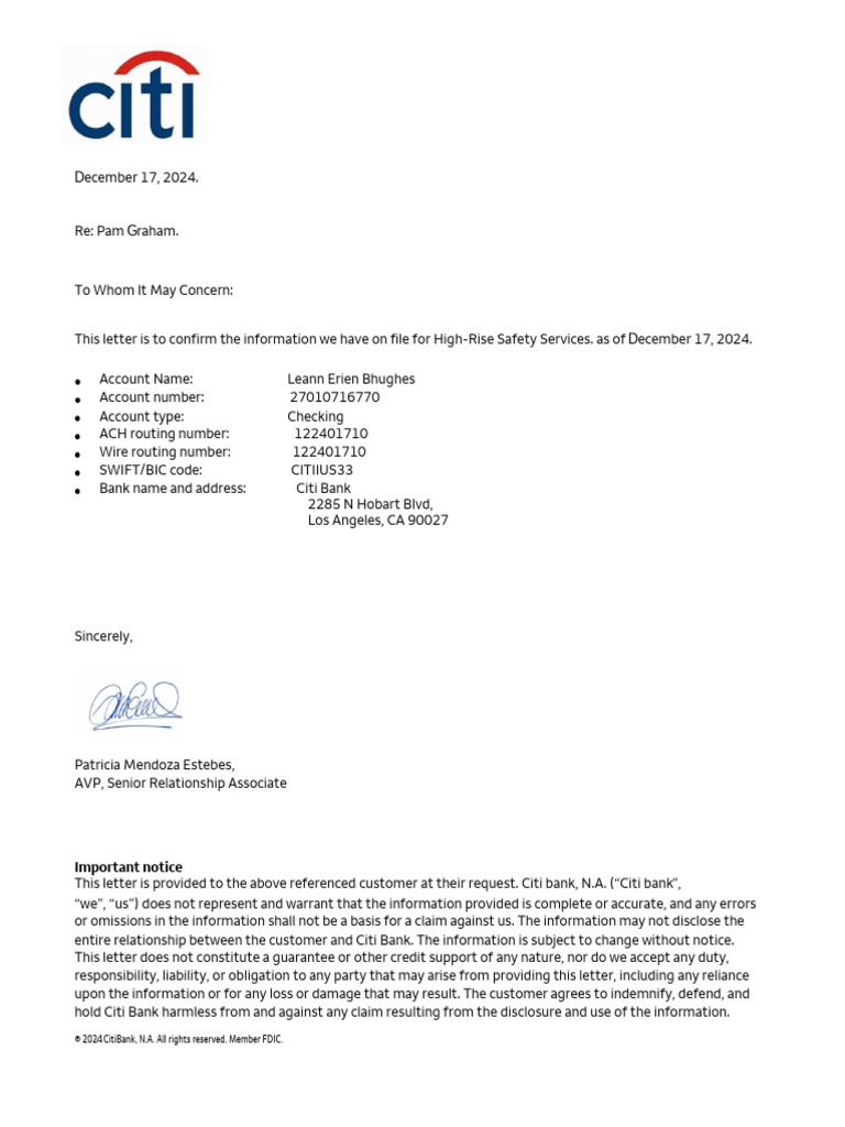Citibank Account Verification Letter | PDF