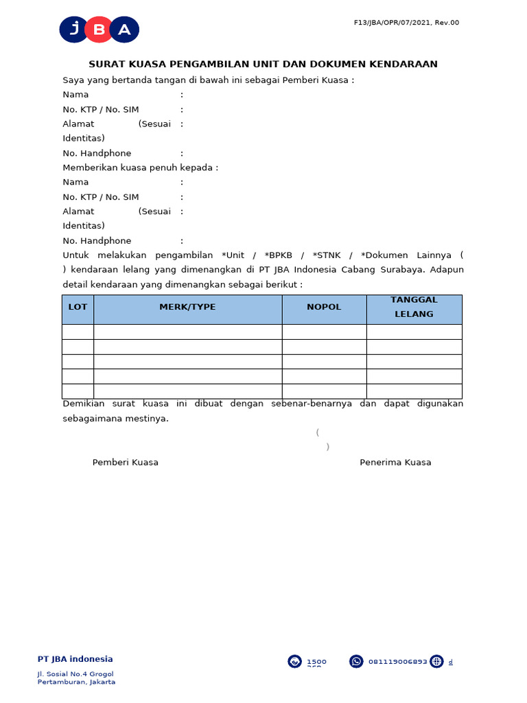 Surat Kuasa Pengambilan Kendaraan JBA | PDF