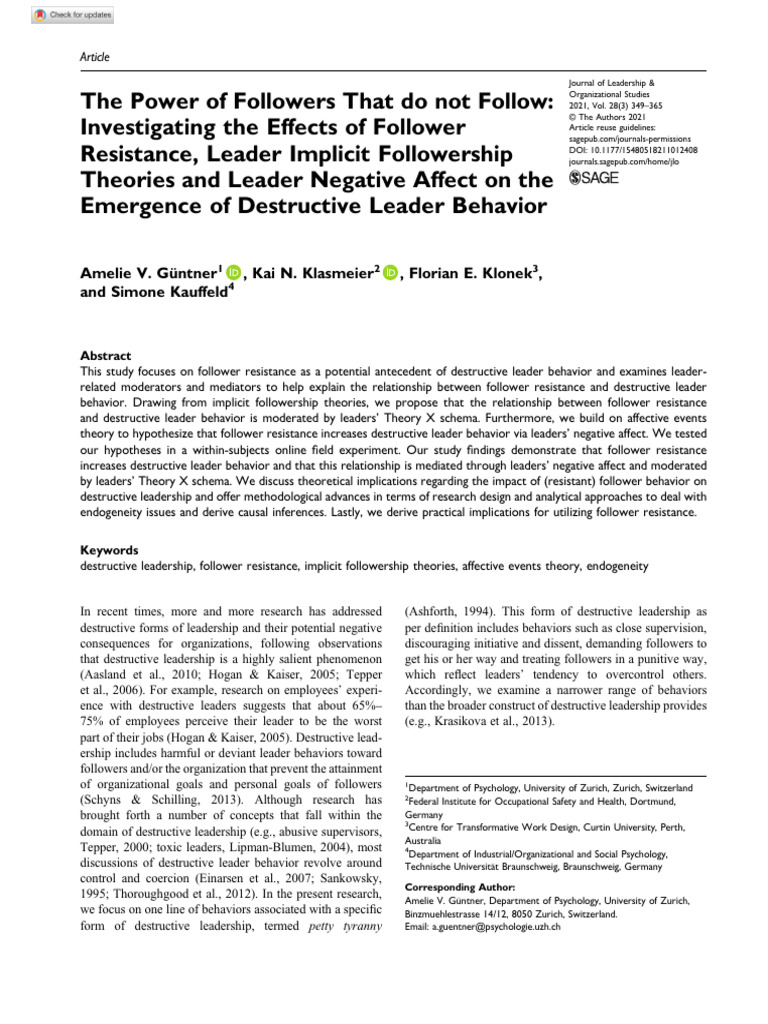 Follower Resistance and Destructive Leadership | PDF | Emotions ...