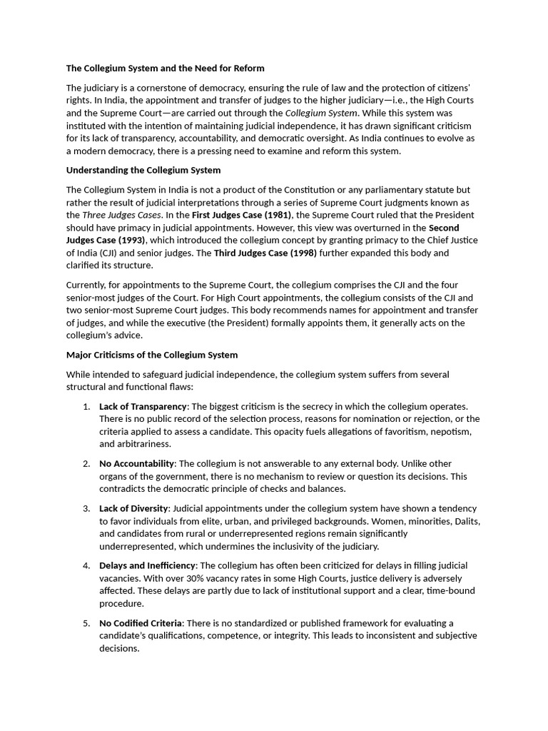 The Collegium System and The Need For Reform | PDF | Supreme Court Of ...