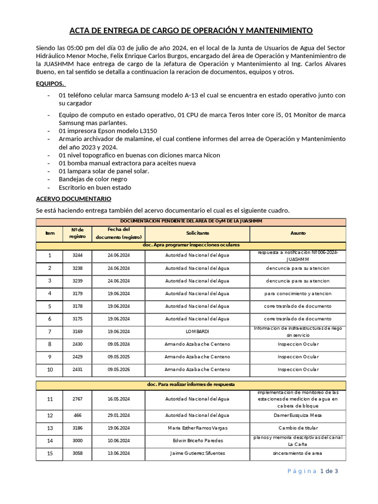 Acta de Entrega de Cargo OyM 2024 | PDF