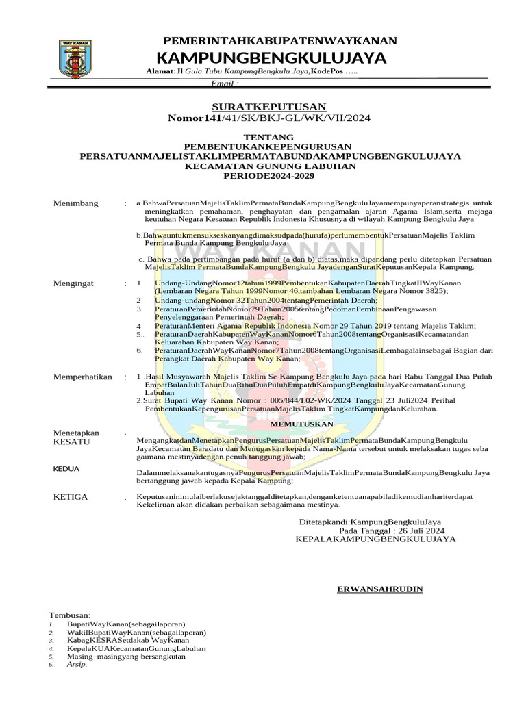 SK Pengurus Majelis Taklim 2024-2029 | PDF