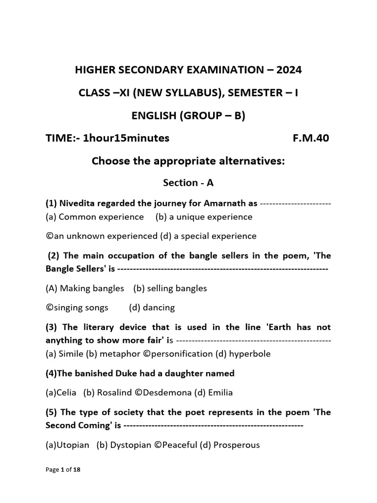 Class 11 English Question Paper 2024 | PDF | Macbeth | Shakespearean ...