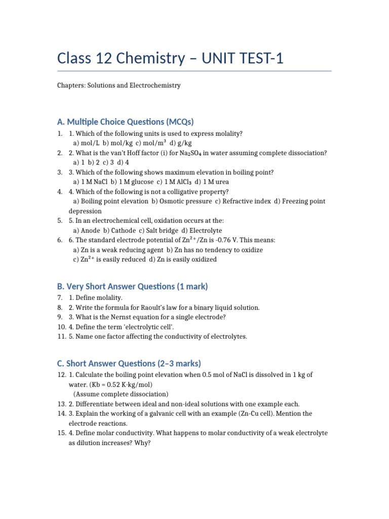 Class 12 Chemistry Unit Test 1 Questions | PDF