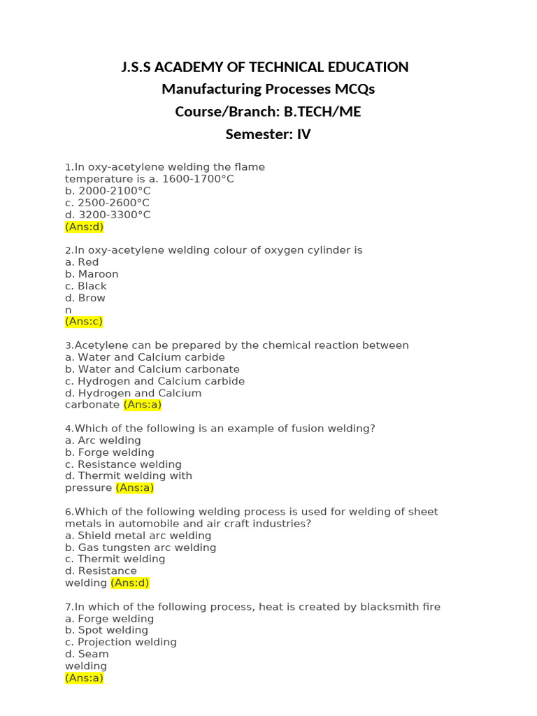 Manufacturing Processes MCQs | PDF | Welding | Construction
