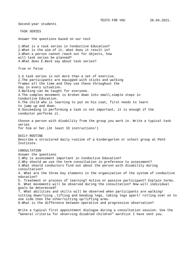 Conductive Education Task Series Guide | PDF